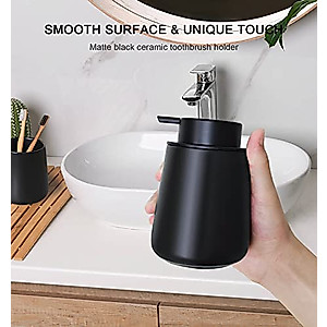 Matte Black Ceramic Soap Dispenser and Toothbrush Holder Set of 2, 12oz Hand Dish Soap Dispenser - Toothbrush and Toothpaste Cup Holders for Bathroom, Kitchen, Countertop Dresser