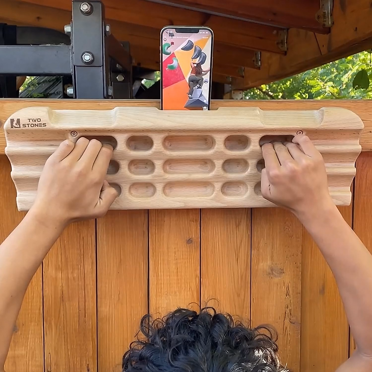 Hangboard Rock Climbing Hangboard with Jugs, Edges, Slopers, Pockets and Phone Hoder, Climbing Fingerboard Designed with Two Hooks for Rock Climbers