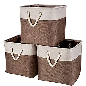 i BKGOO 3Pack Large Foldable Storage Bins，Collapsible Sturdy Cationic Fabric Organizing Storage Basket Cube with Cotton Handles for Home Office Shelf Clothes Toys Beige-Brown 13×13×13 inch