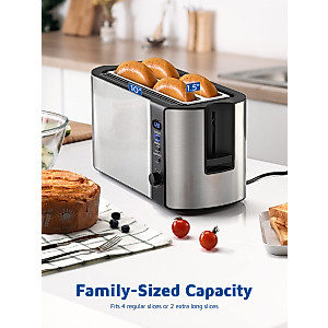 DyBaxa Stainless Steel Toaster 4 Slice Smart LED, Toaster 2 Slice Long Slot, 4 Slice Toaster Wide Slot for Bagel Sourdough Artisan Croissant Muffin, 6 Browning Control, Warming Rack, Crumb Tray