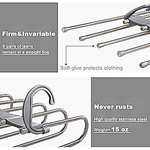 WAOU Massy Pants Hangers Multi-Layer Hanging Pants 5 in 1 Pants Rack Stainless Steel Pants Hangers Folding Storage Rack Space Saver Storage for Trousers Scarf Tie Belt Adjustable Gary (1 Pack)