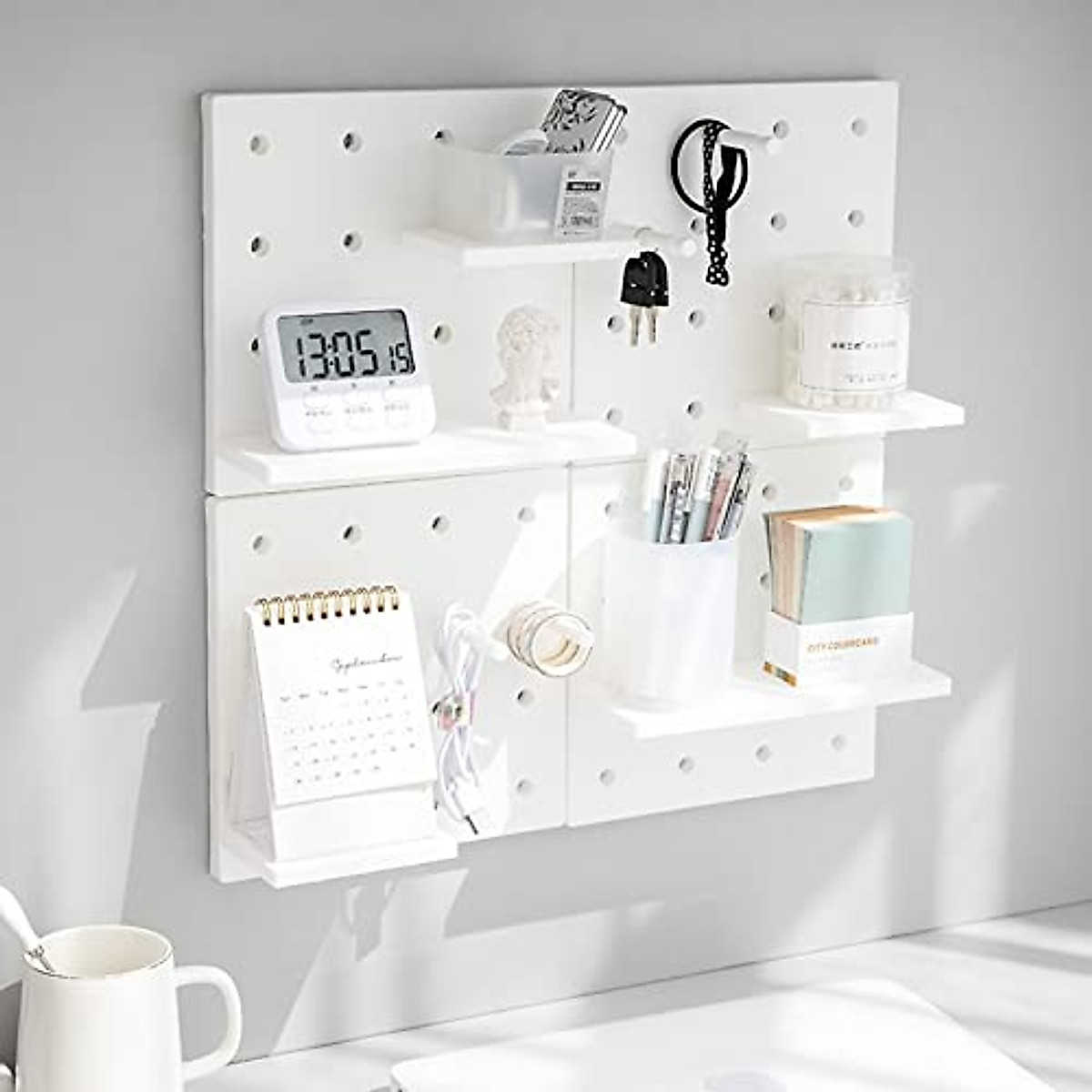 loveaiai Pegboard Shelf Set with Hooks,Small Plastic Floating Shelves Wall Organizer for Desk, Office, Bathroom, Entryway and Kitchen, No Drilling
