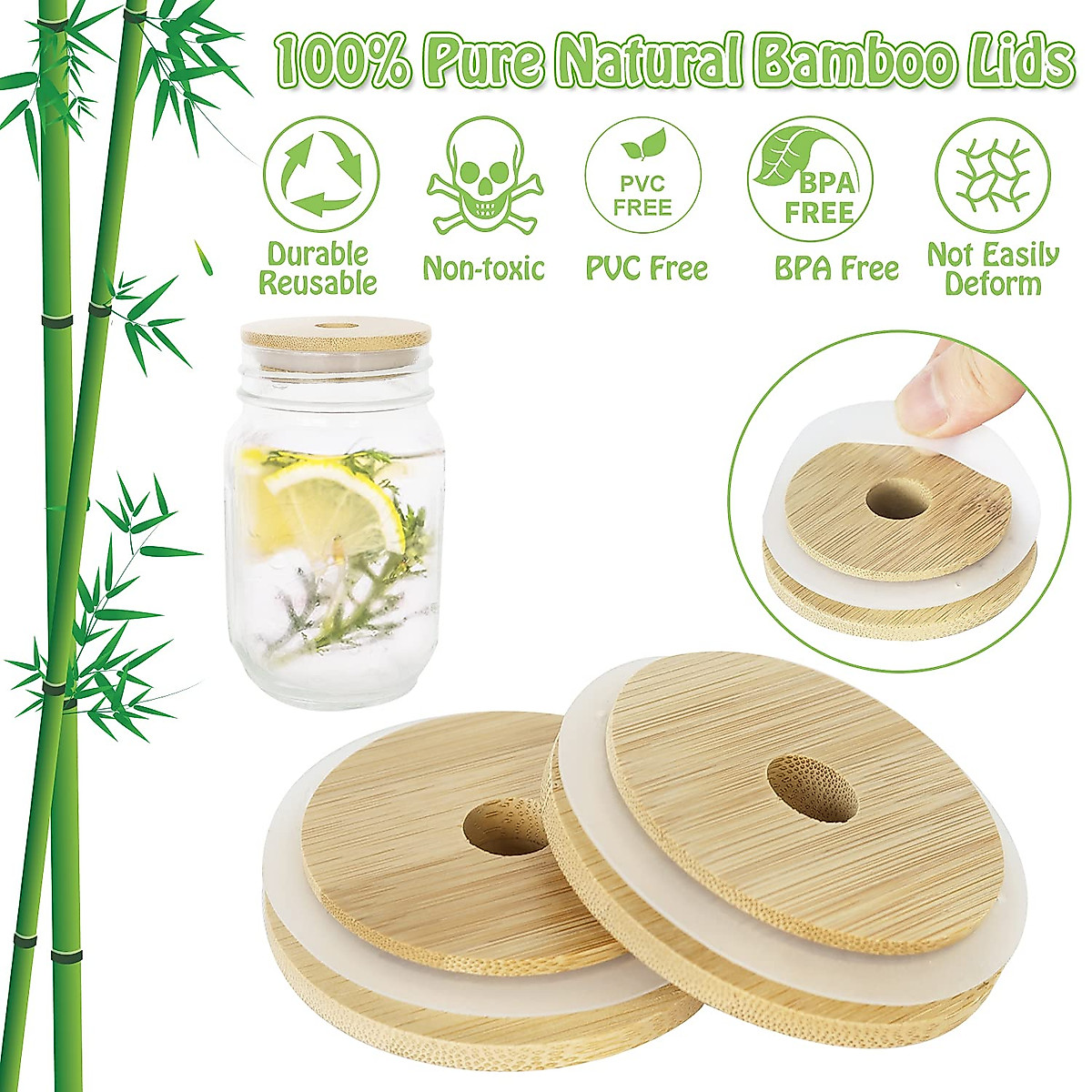 COLOROUND【REGULAR Mouth Lids】2 Pack Mason Jar Lids with Straw Hole Regular Mason Jar Cup Lids Reusable Bamboo Lids Mason Jar Tops with 3 Stainless Steel Straws & 1 Brush for Regular Mouth Mason Jars