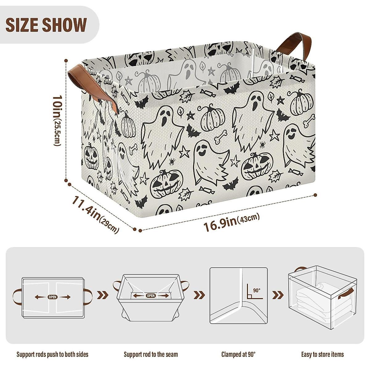 CEBUGI Horror Ghost Large Waterproof Collapsible Storage Bin Foldable Canvas Fabric Open Storage Basket Cube Box with Iron Frame