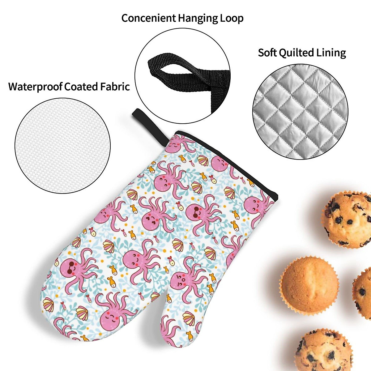Cute Octopus Oven Mitts and Pot Holders Sets of 4 Heat Resistant Cooking Gloves and Potholders Non-Slip Kitchen Mittens Hot Pads with Hanging Loop for Kitchen Baking BBQ Grilling Picnic