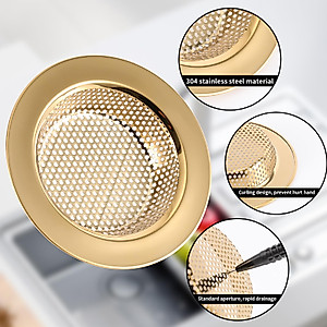 RQYEKDO Kitchen Sink Strainers Sink Stopper Kits, Stainless Steel Sink Drain Strainer Set, Large Wide Rim 4.5" Diameter Food Catcher Garbage Disposal Plug for Most Sink Drains Basket Filter（Gold）