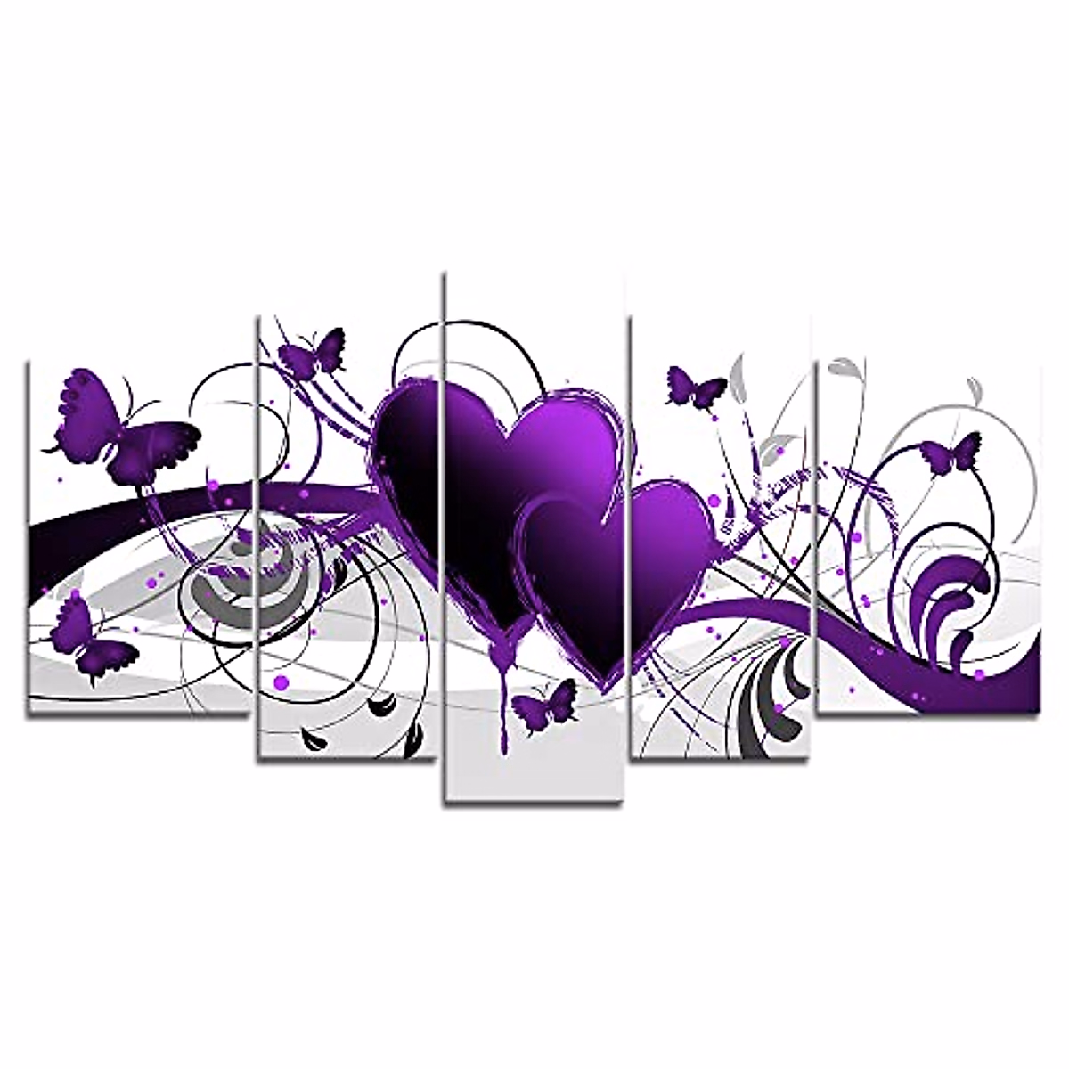 Yeawin Purple Love Butterfly Wall Art Purple Heart The Picture Print On Canvas 5 Panels Modern Abstract Artwork The Canvas for Home Living Dining Room Kitchen(Wrapped Canvas Wall Art,Ready to Hang)