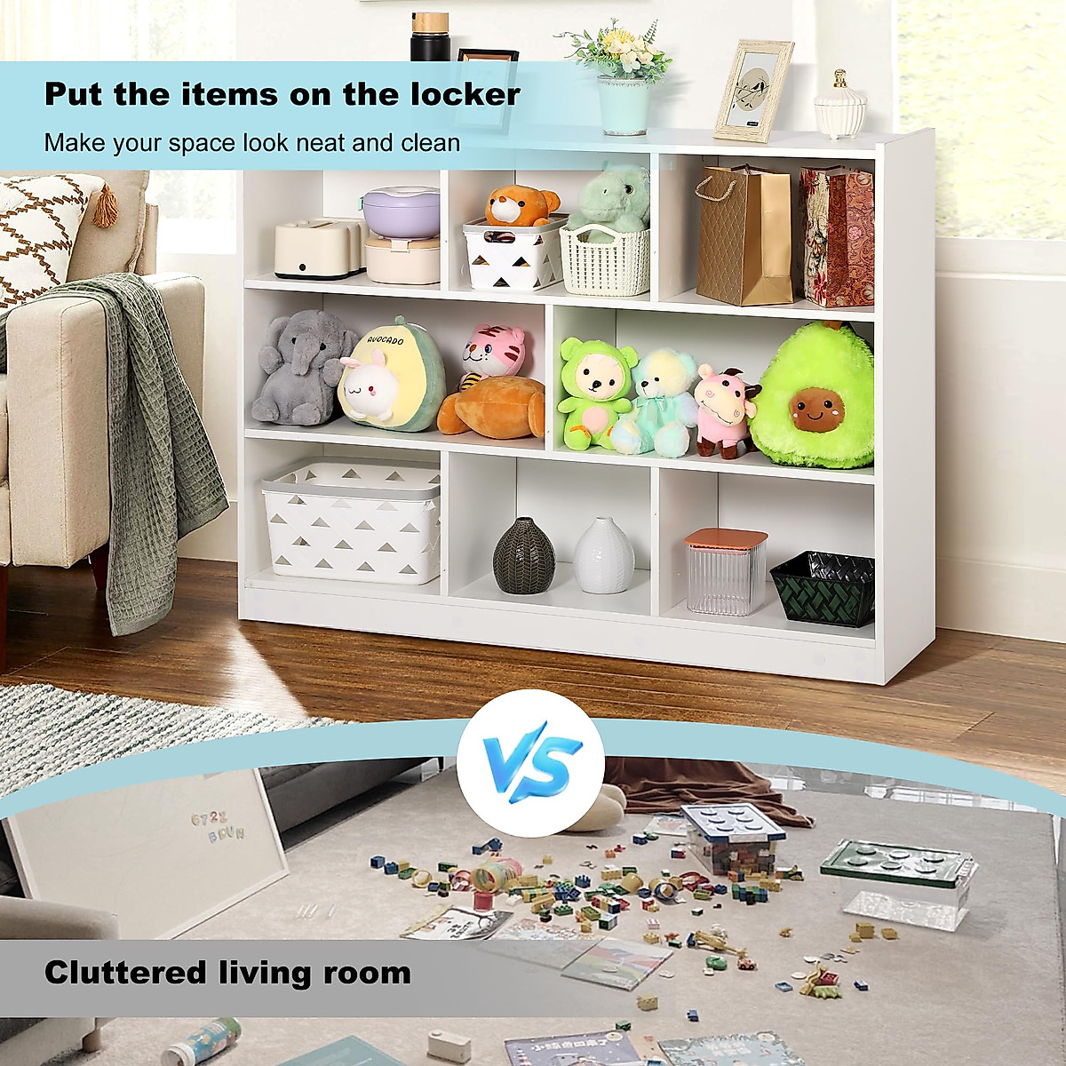 Grepatio Kids Bookshelf and Toy Storage Organizer, 3 Tier 8-Section Storage Daycare Shelf for Playroom, Children 3-Tier Open Wooden Display Book Shelf Organizer for Playroom, Classroom