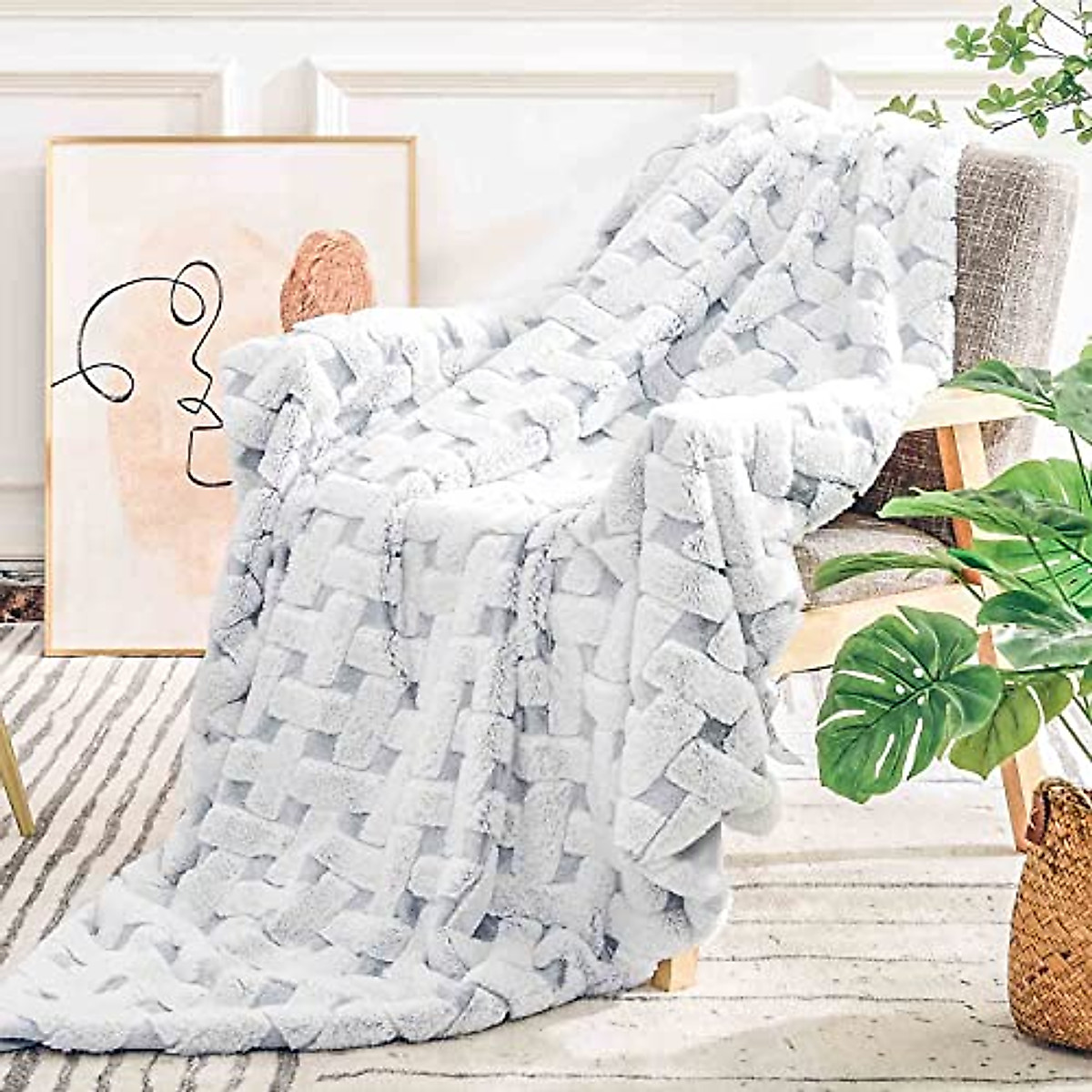 NEXHOME PRO Faux Fur Throw Blanket, Luxury Soft Rabbit Warm Fuzzy Cozy Fluffy Feel Fleece Blankets for Women Checkboard 60"X 80",Comfy Ruched Blanket for Sofa Couch Bed DÉcor White Grey