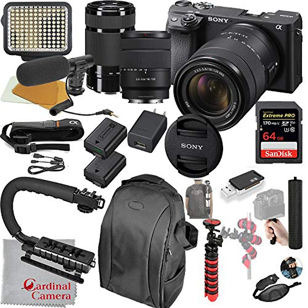 Cardinal Camera-Sony Sony Alpha a6400 Mirrorless Camera with 18-135mm and 55-210mm Lenses Video Bundle + LED Video Light + Microphone + Extreme Speed 64GB Memory(21pc Bundle), ILCE-6400M/B