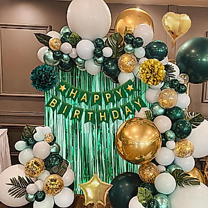 Green Birthday Decorations, Emerald Green and Gold Balloons Party Decorations Happy Birthday Banner Emerald Green Fringe Curtain Birthday Tablecloth Paper Pom Poms for Women Men Birthday Decor