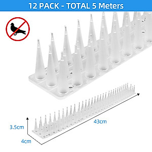 Bird Spikes, Bird Deterrent Spikes for Squirrel Raccoon Small Birds, Defender Spikes, Pigeon Spikes, Outdoor Anti Climb Anti Bird Fence Spikes for Roof, Windowsill, Covers 17 Feet(5.2m) - 12 Pack