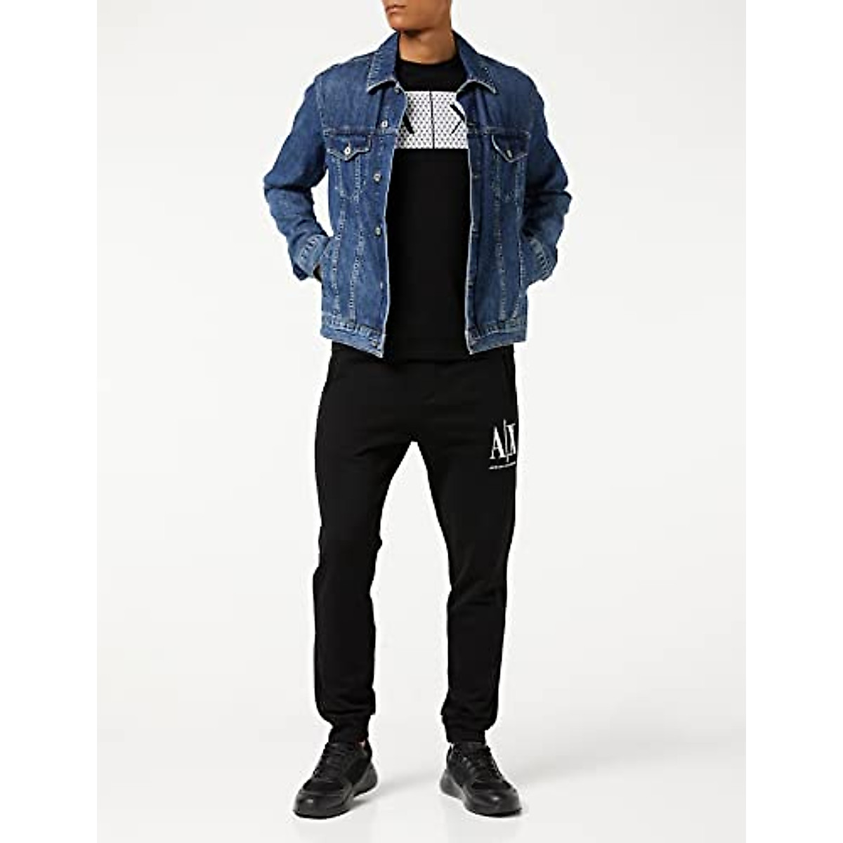 A|X ARMANI EXCHANGE mens Crew Neck Logo Tee T Shirt, Grid Logo Black, Large US