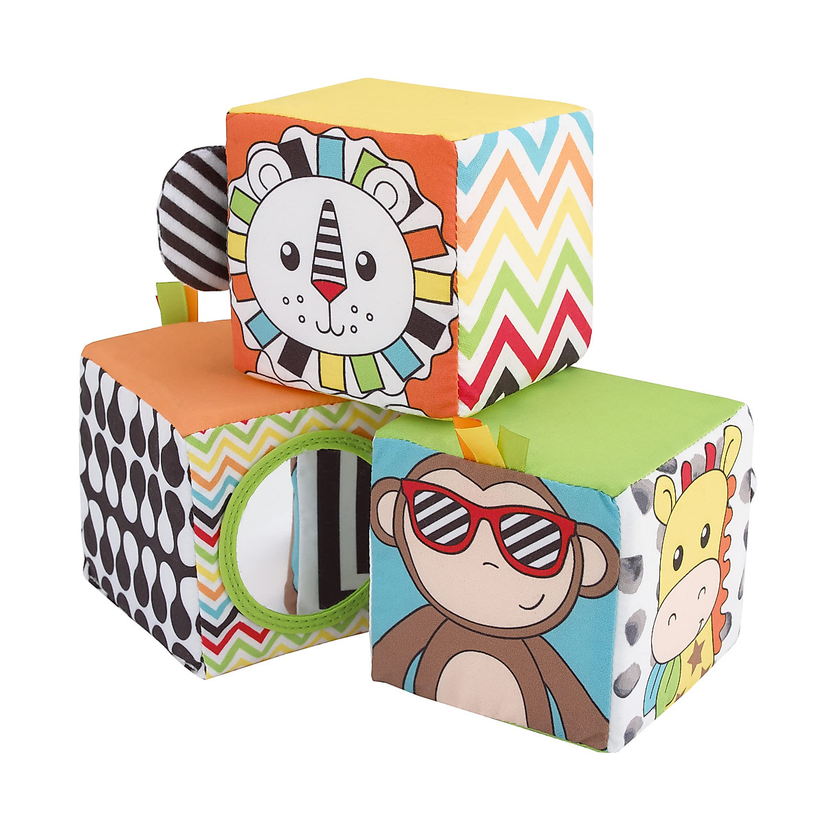 Sassy Baby Eli Elephant, Zebra and Monkey Multi-Colored Developmental Plush Baby Blocks, Set of Three with Crinkle, Mirror and Chime
