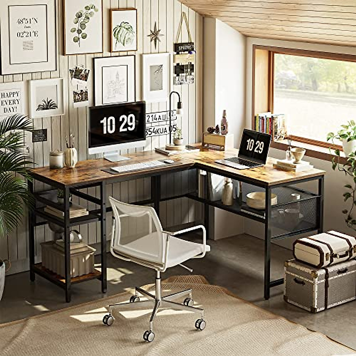 CubiCubi L Shaped Desk with Storage, 59.1 Inch Corner Computer Desk with Shelves, Home Office Workstation for Study or Working, Rustic Brown