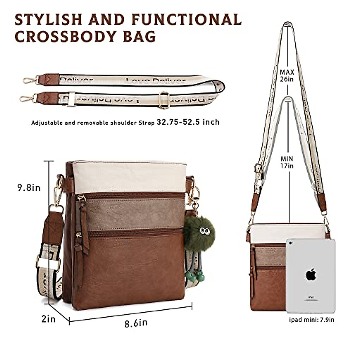 Love Deliver Crossbody Bags for Women Men Soft PU Leather Shoulder Purses Stitch Design Handbags Multi Pocket with Adjustable Strap (Tone-Tone Brown)