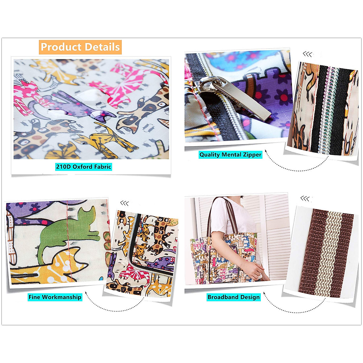 couragejoy Reusable Shopping Bags Foldable Washable Waterproof Large Grocery Bags Heavy Duty Long Handles With Zipper Attached Pouch Sturdy Daily Bags For Working Traveling(cat patern)