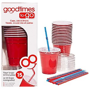 Goodtimes 9oz Kids Cups To-Go Kits With Lids And Straws (15 cups, Red)