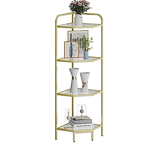 Hzuaneri Corner Shelf Stand, Glass Bookshelf Bookcase, Bathroom Organizer, Plant Stand, Steel Frame, Tempered Glass, Modern Style for Living Room, Bathroom, Kitchen, 4-Tier Golden CS90400G