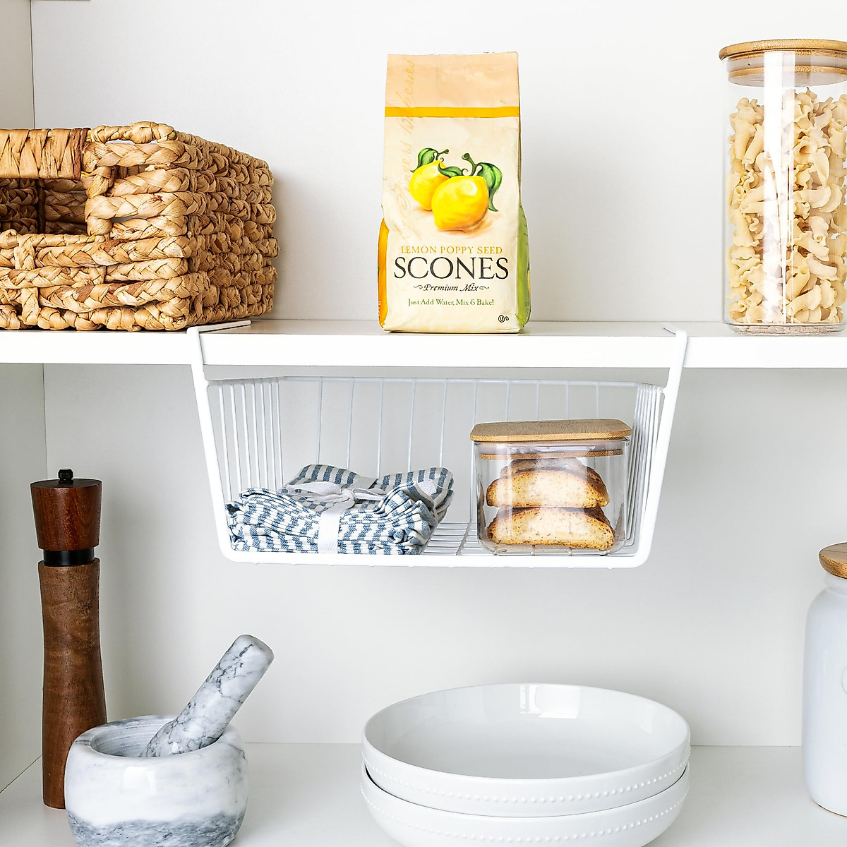 Smart Design Undershelf Storage Basket - Small - Snug Fit Arms - Steel Metal Wire - Rust Resistant Finish - Cabinet, Pantry, Shelf Organization - Kitchen (12 x 5.5 Inch) [White]