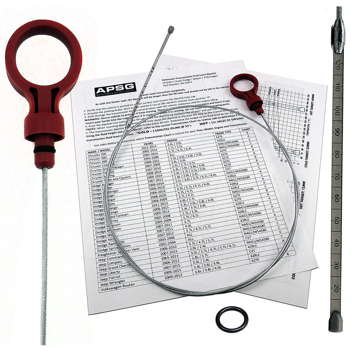 Transmission Fluid Dipstick - Tool - | Compatible with Chrysler Jeep Dodge VW Vehicles. | W/Instructions + Cap O-Ring | Automatic Trans: 8863B, 9336,42RLE, NAG1, 62TE 2.7 3.5 3.6 3.7 5.7 6.1 6.4