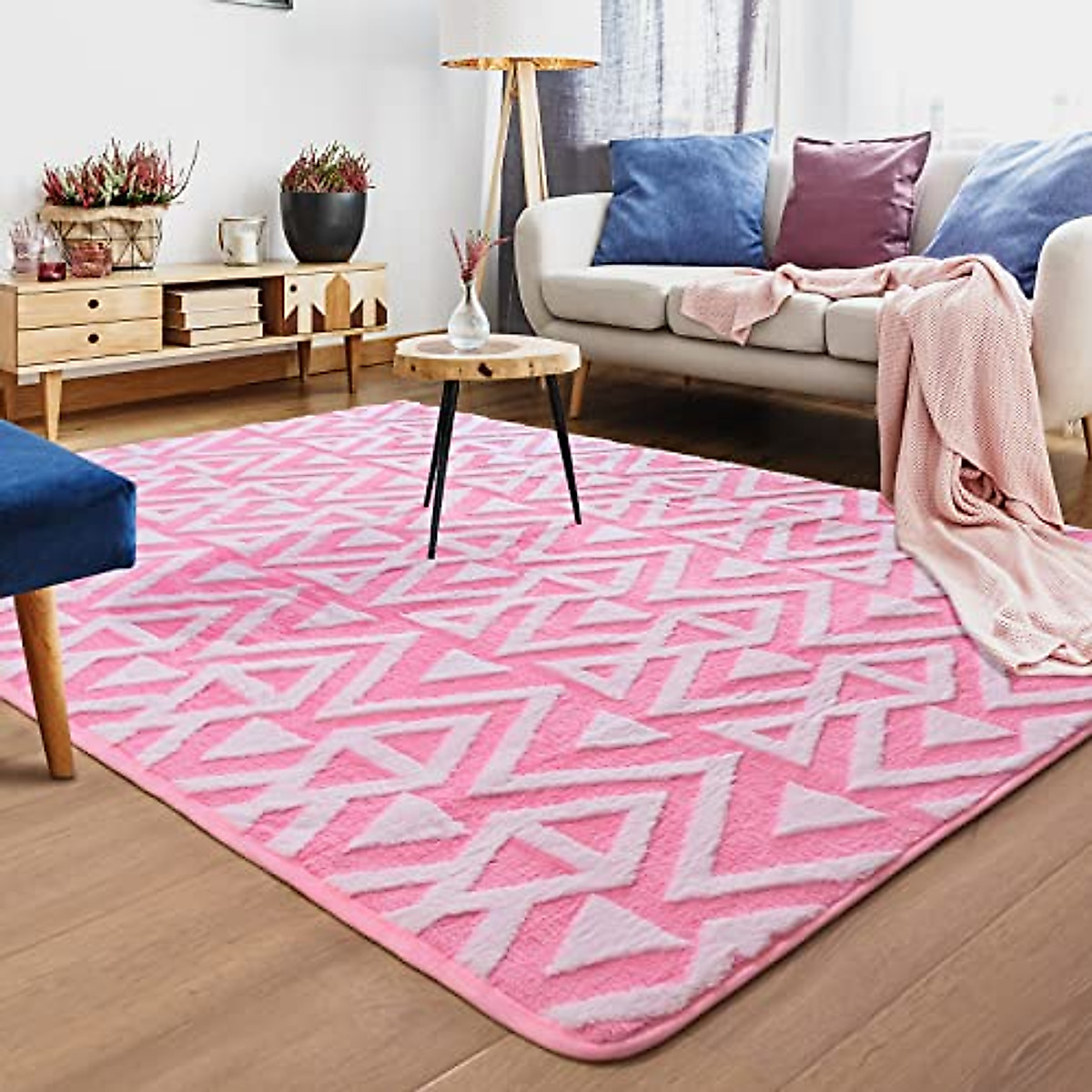 Unirea Geometric Shag Area Rugs, Pink Rugs for Bedroom Girls, 3x5 Feet Machine Washable Small Rug Memory Foam Fluffy Carpet for Kids Living Room Dorm Nursery Bedside Play Mat Accent Home Decor