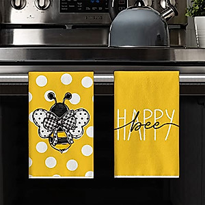 Artoid Mode Bee Happy Summer Kitchen Towels Dish Towels, 18x26 Inch Polka Dot Holiday Decoration Hand Towels Set of 2
