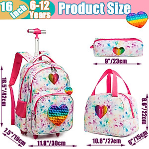 Meetbelify Rolling Backpack for Girls Wheels Backpacks for Elementary Student Kids Wheeled Trolley Trip Luggage for Teen Girls with Lunch Box Pencil Case