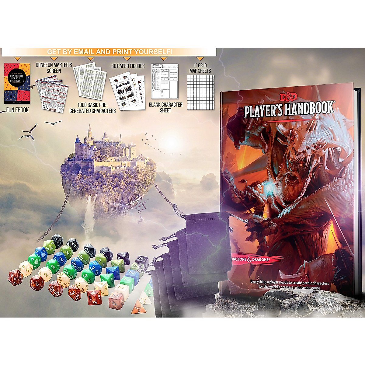 Player's Handbook Dungeons and Dragons 5th Edition with DND Dice and Complete Printable Kit - D&D Core Rulebook - D&D 5e Players Handbook Gift Set - D&D Starter Set Accessory - DND Beginner Gift Set