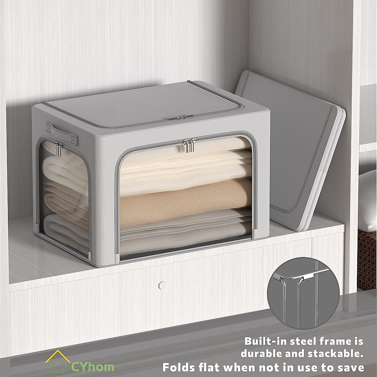 3Pack Clothes Storage Bins - Oxford Frame Storage Box Foldable Stackable Storage Organizer with 3 Openings Design, Metal Frame, Clear Window, Carry Handles (36L-15.7 * 11.8 * 11.8in, Grey)