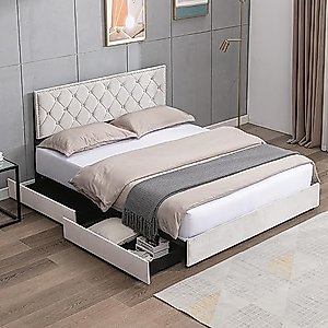 Mjkone Queen Platform Bed Frames with 4 Storage Drawers, Velvet Upholstered Bed Frame Has Adjustable Button Tufted Headboard, No Box Spring Needed/Easy Assembly/No Mattress (Beige, Queen Size)