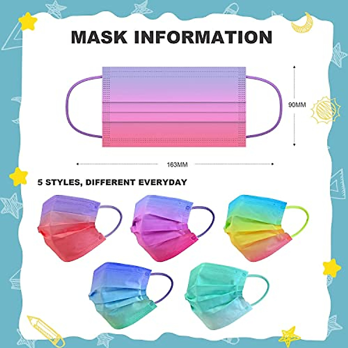 Sheal Individually Packaged 5-Colors Gradient Kids Disposable Face Masks (100 Pack) For Children