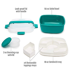 Goodful Stackable Lunch Box Container, Bento Style Food Storage with Removeable Compartments for Sandwich, Snacks, Toppings & Dressing, Leak-Proof and Made without BPA, 56-Ounce, Teal