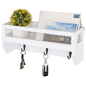 MyGift 16-inch Country Rustic White Wood & Metal Wall-Mounted Storage Wire Mesh Basket Rack w/Key Hooks