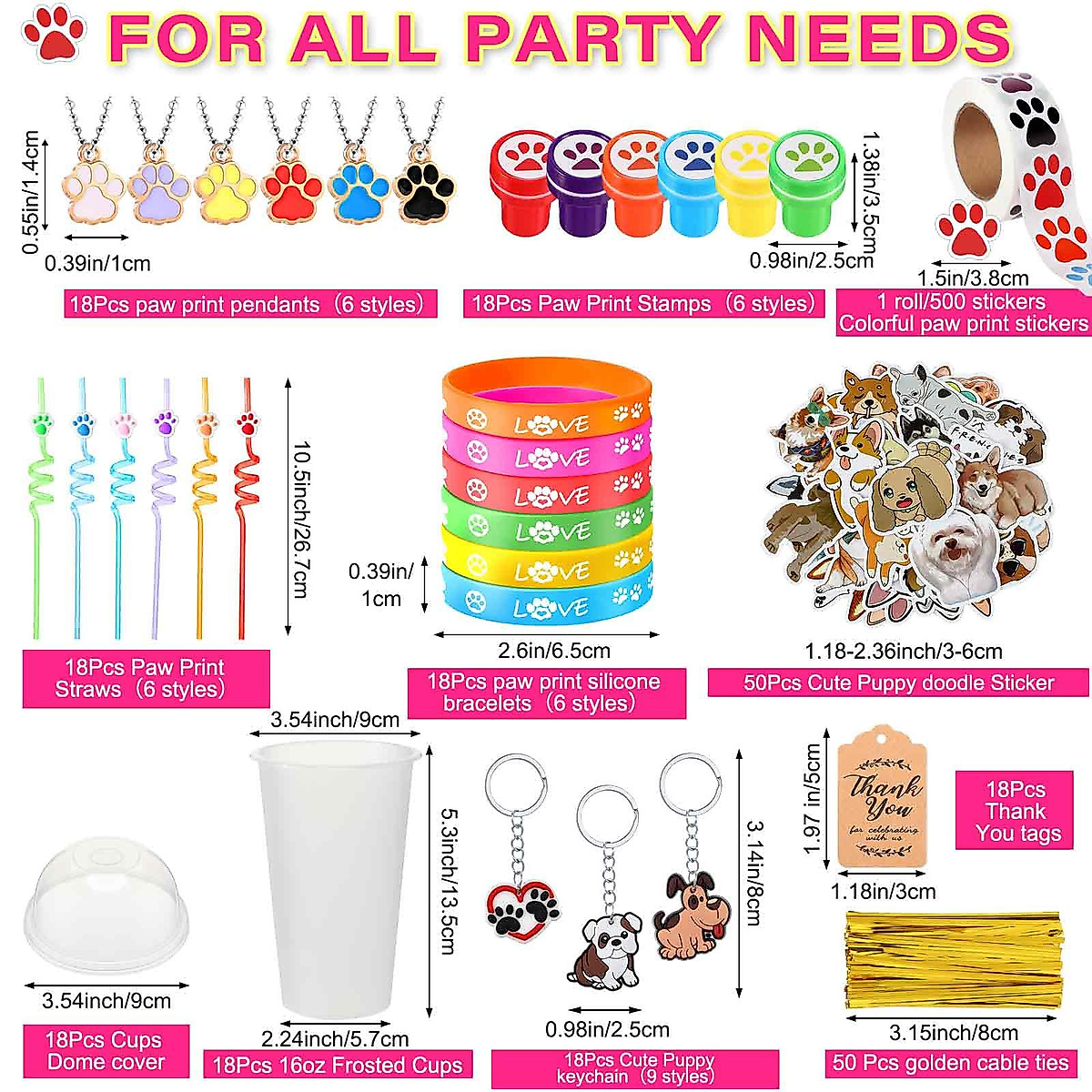 Gejoy 178 Pcs Dog Paw Party Favors Set Includes Paw Straws Cups Silicone Bracelet Keychain Stamper Sticker Pendant Chain Thank You Tag for Boy Girl Dog Paw Theme Party Supplies (Puppy, Paw)