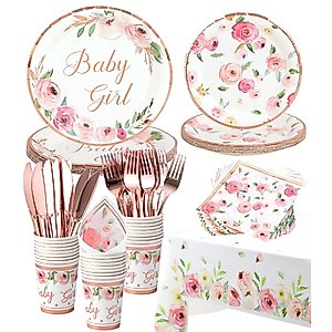 Rose Gold Baby Shower Plates and Napkins Girl - Serves 16 - Includes Baby Girl Plates Cups Napkins Knifes Forks Floral Baby Shower Decorations for Girl Baby Shower Favor Decor Party Supplies