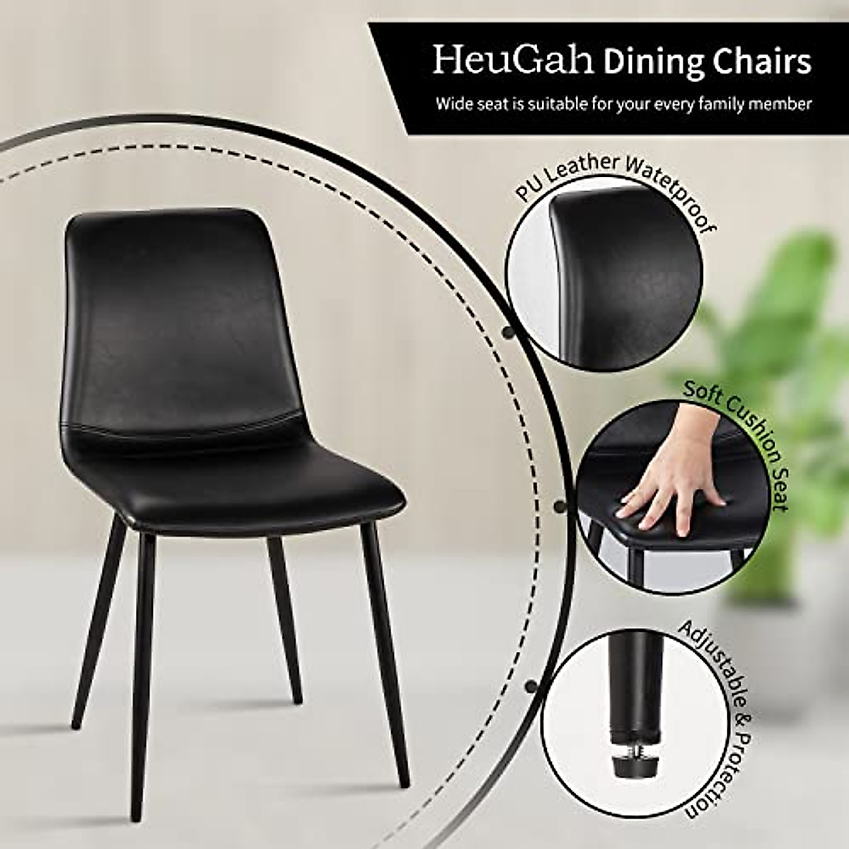 HeuGah Dining Chairs Set of 6, Black Kitchen & Dining Room Chairs, Modern Faux Leather Dining Room Chairs with Metal Legs and High Back (Black, Set of 6)