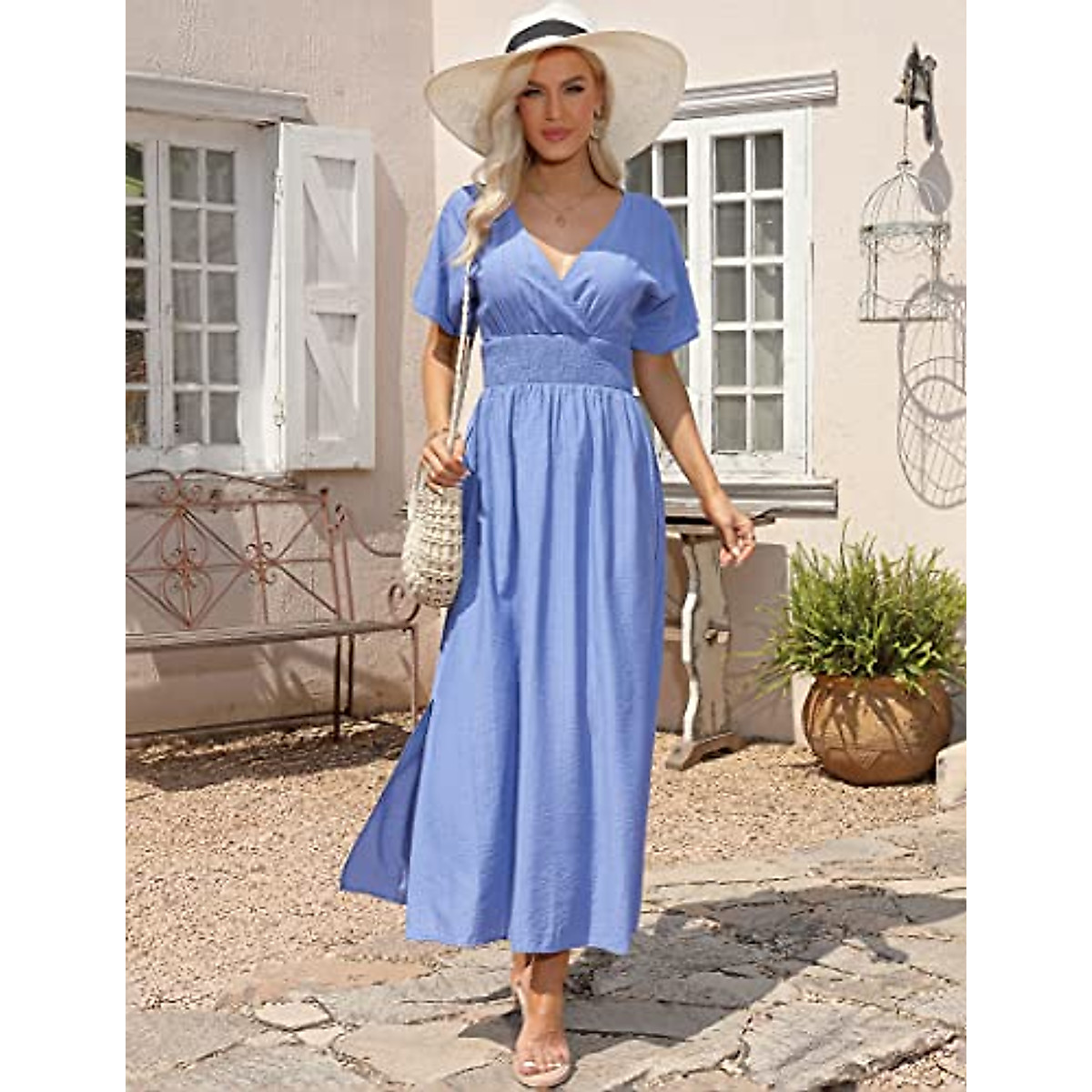 KOJOOIN Womens V Neck Short Sleeve Solid Long Dresses Smocked High Waist Slit Maxi Dress Blue M