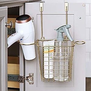 Spectrum Diversified Grid Hair Station, Over The Cabinet Door Steel Wire Bathroom Organizer Includes Holsters for Styling Tools & Blow Dryer Perfect for Hairbrushes & Flat Irons, Small, Gold