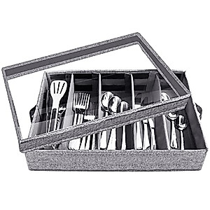 VERONLY Silverware Storage Box - Flatware Case Chest Box, 5 Compartment Tableware Cutlery Container with Removable PVC Lid and Easy to Carry Handles,Large Capacity Utensils(Light Grey)