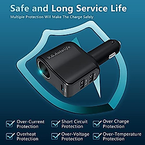 Car Cigarette Lighter Adapter PD 20W Charger Extension,Dual USB 5V/3.1A Socket Splitter with PD 20W USB-C Fast Charge and Double USB and Voltage Meter, Cigarette Lighter fit for 12V/24V Outlet