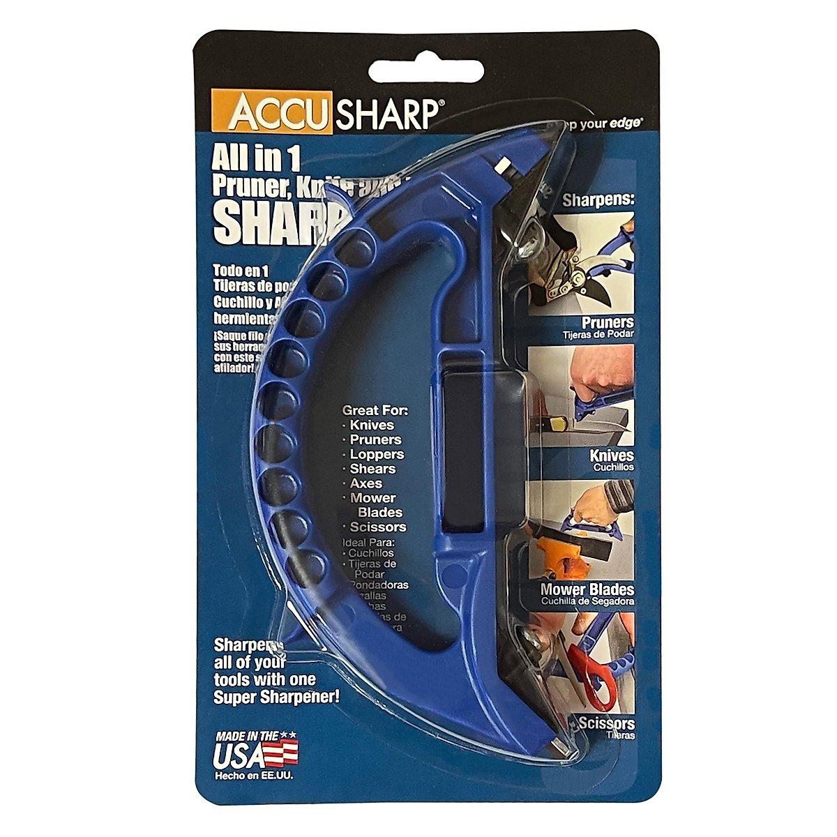 AccuSharp All-in-One Sharpener, All Purpose Sharpener for Knives, Scissors, Garden Tools, Sharpens & Restores Serrated Knives, Cleavers, Axes, Machete, Blue