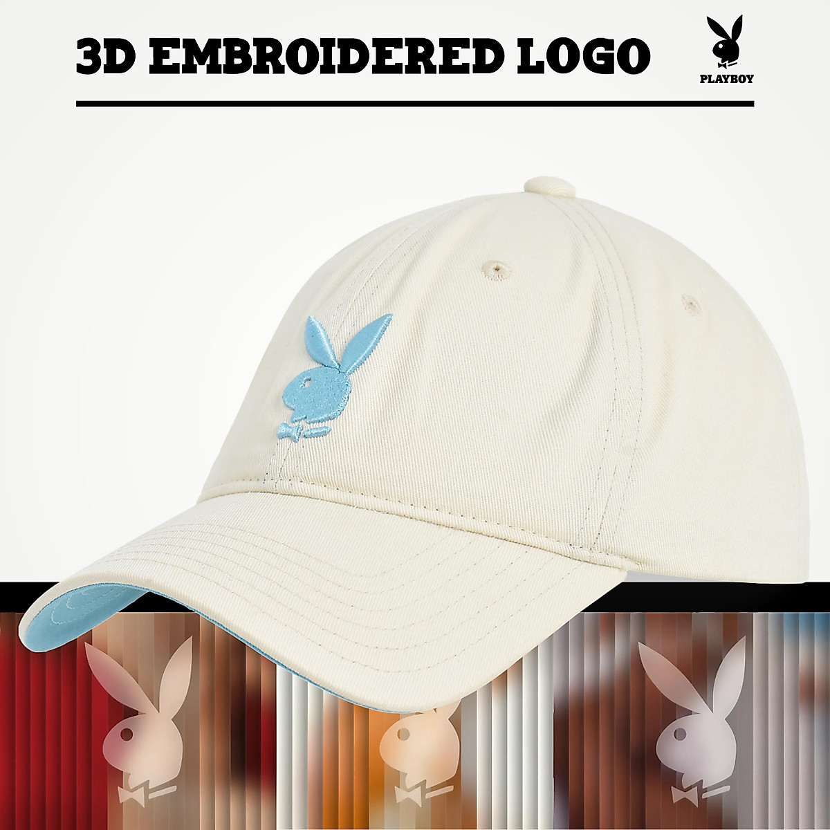 Playboy Dad Hat, Cotton Twill Adjustable Baseball Cap with Curved Brim, Off White, One Size