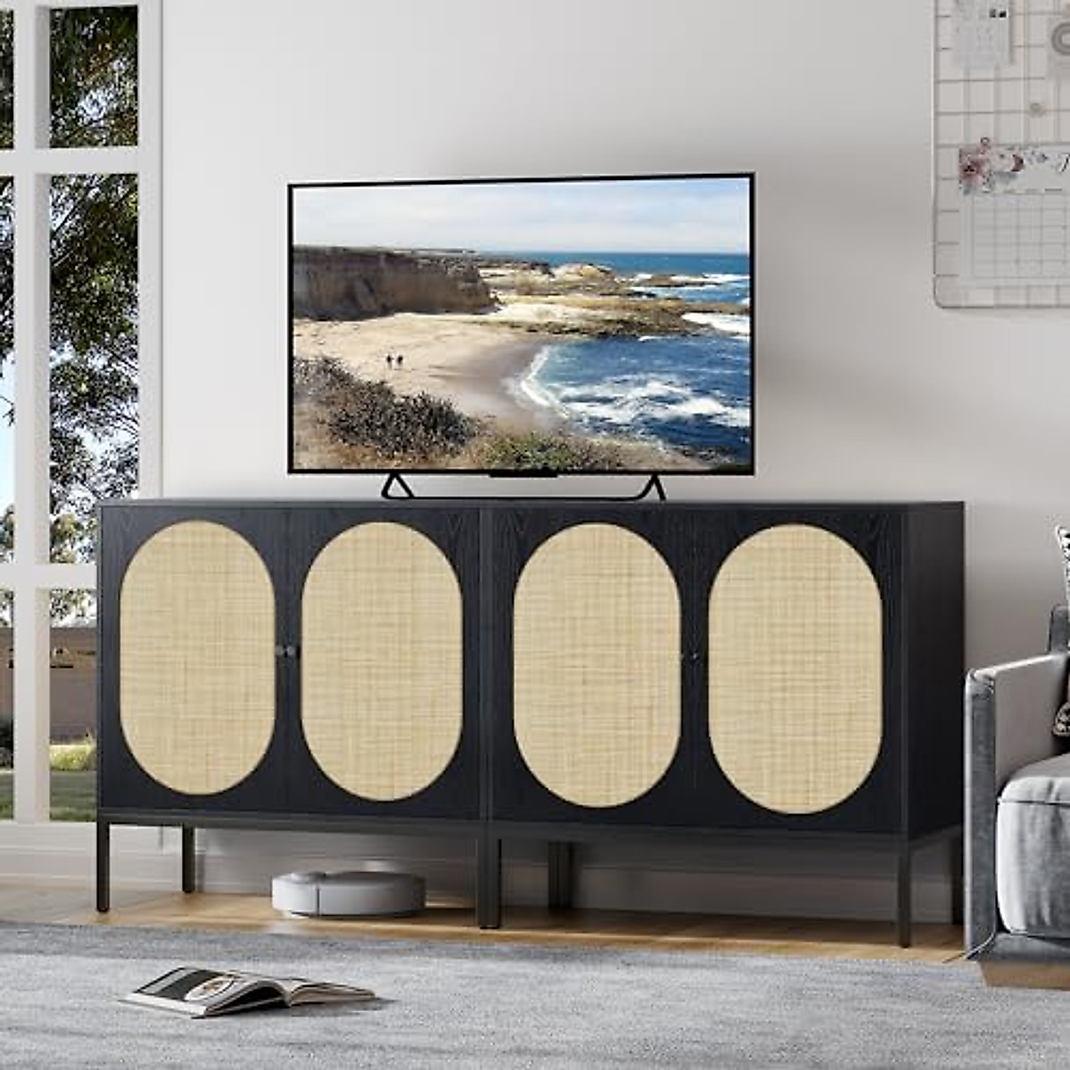 Brafab Rattan Cabinet, Set of 2, Black with Oval Doors