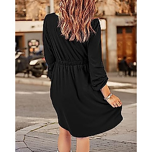 BTFBM Women 2023 Casual Button Down Summer Fall Dresses Long Sleeve Crew Neck Solid High Waist Short Tunic Mini Dress(Long Buttons Black, Medium)