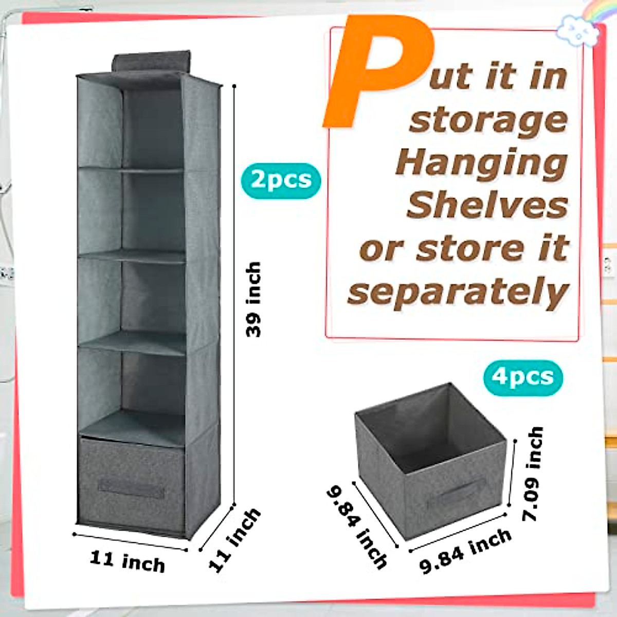 2 Pcs 5-Shelf Hanging Closet Organizer and 4 Pcs Removable Drawers, 11 x 11 x 39 Inch Hanging Storage Organizer Hanging Shelves for Closet Bedroom Dorm College Room, Clothes Socks Underwear Hat