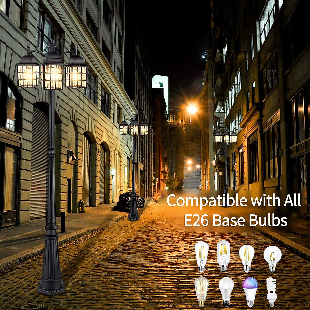 3-Head Outdoor Lamp Post Light Fixture, Dusk to Dawn Aluminum Post Lights Hard Wired, Sensor Pole Lights for Yard, Street Light Posts for outside with Water Ripple Glass Shade, E26 Base