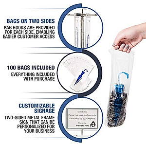 Brella Fella Umbrella Bag Wrapper Station with Sign Frame - Wrap Umbrellas for Rain - Be Safe, Wrap it up! - 100 Long Bags Included