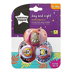 Tommee Tippee Day And Night Pacifiers, Symmetrical Design, BPA-Free Silicone Binkies, 6-18m, 3-Count, Colors And Designs May Vary