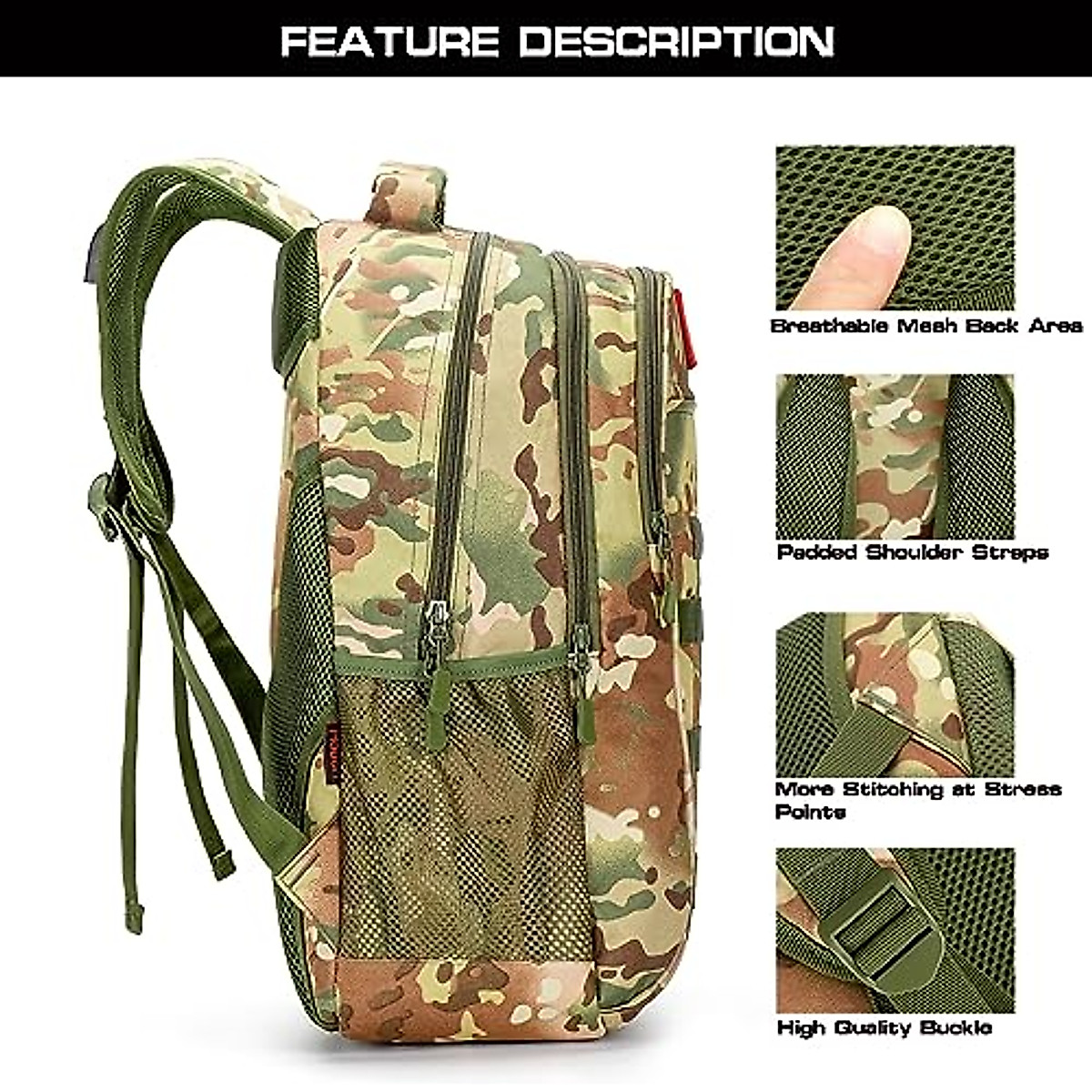 Camo Backpack for Men,Army Military Boys Backpack for School with Pen Bag,40l Waterproof Day Pack for Outdoor Travel Camping